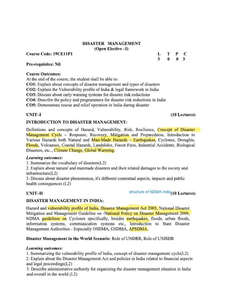 Disaster Management Syllabus | PDF