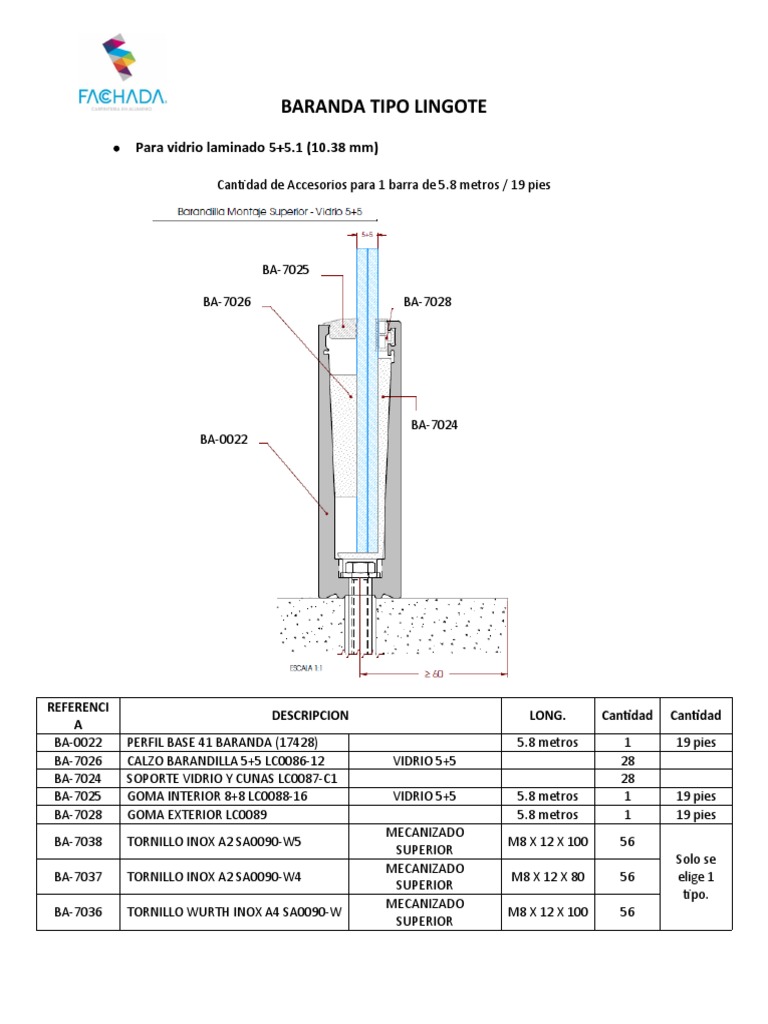 Especificaciones y montaje de baranda tipo lingote con vidrio laminado | PDF