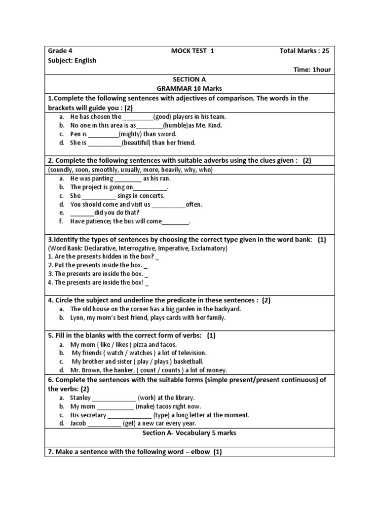 Grade_4_MOCK_TEST__J | PDF | Subject (Grammar) | Sentence (Linguistics)