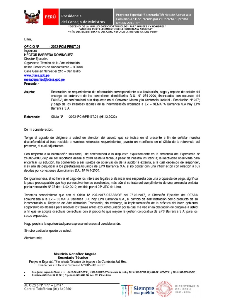 Proyecto OFICIO # - 2022-PCM-PE-ST.01 A OTASS (MIR) | PDF | Gobierno