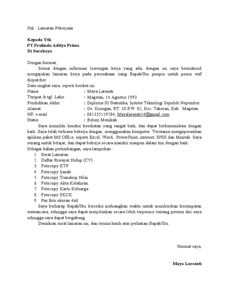 Lamaran Kerja Staf Dispatcher PT Prolindo | PDF