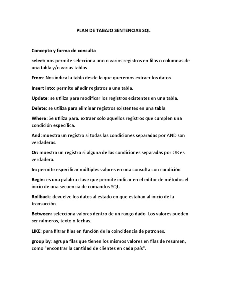 Plan de Tabajo Sentencias SQL | PDF Plan de Tabajo Sentencias SQL | PDF