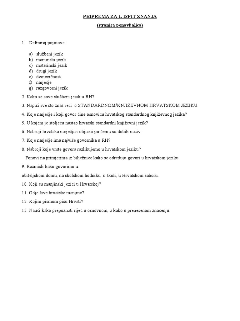 Razred PRIPREMA ZA 1. ISPIT ZNANJA | PDF