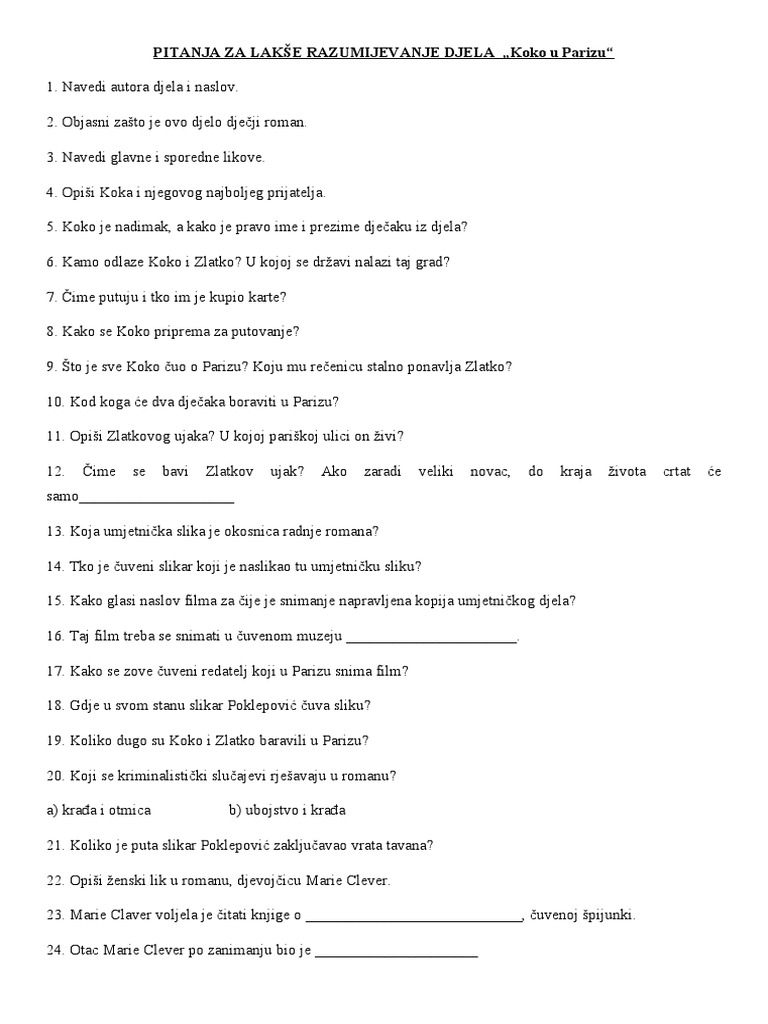 Koko U Parizu - PITANJA ZA LAKSE RAZUMIJEVANJE DJELA | PDF