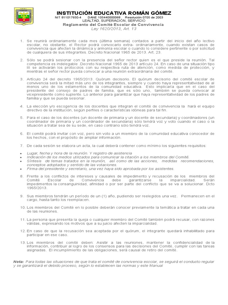 Reglamento Del Comité Escolar de Convivencia | PDF | Quórum | Justicia