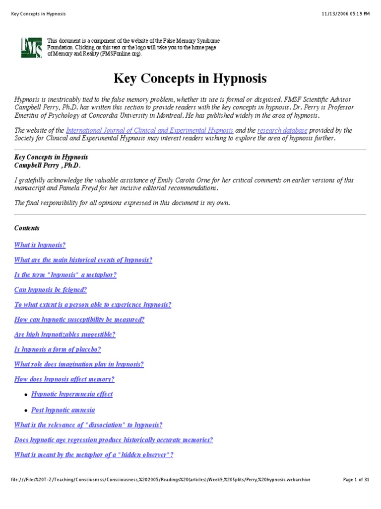 Key Concepts in Hypnosis Author Campbell Perry | PDF | Hypnosis | Psychological Concepts