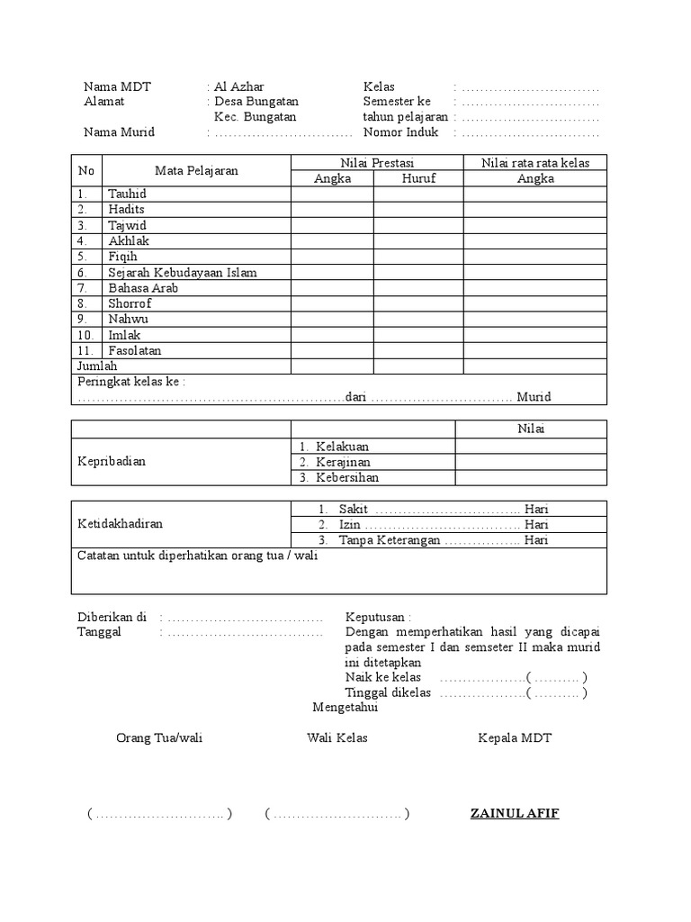 Raport Madrasah Diniyah Takmiliyah | PDF