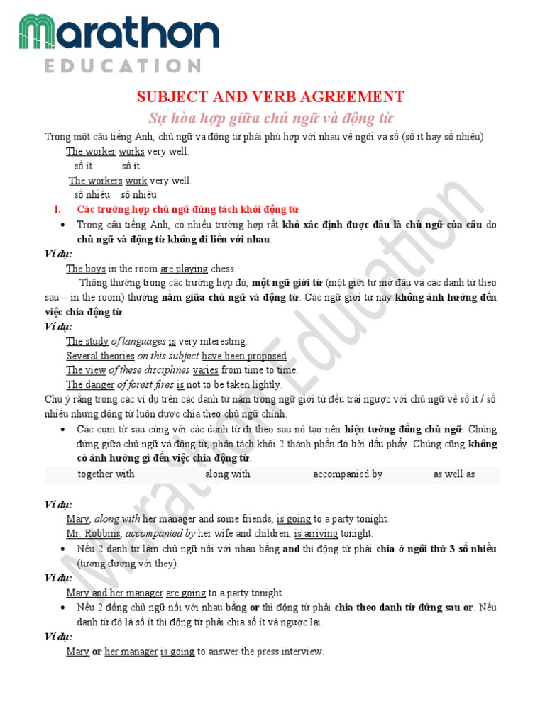 Subject and Verb Agreement: S Hòa H P Gi A CH NG Và Đ NG T | PDF