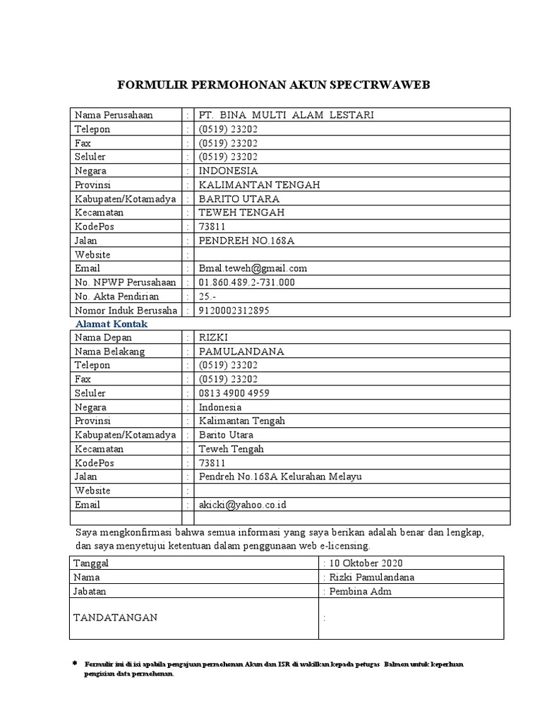Formulir Permohonan Akun ISR CONTOH | PDF