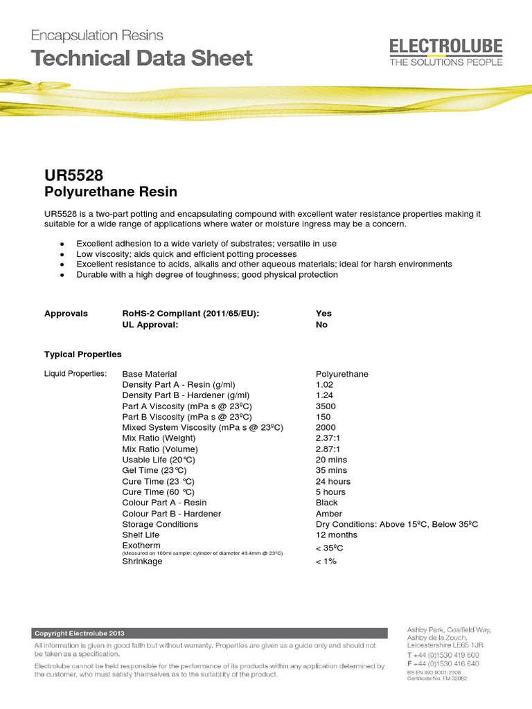 TDS ELECTROLUBE UR5528 Black Eng | PDF | Polyurethane | Density