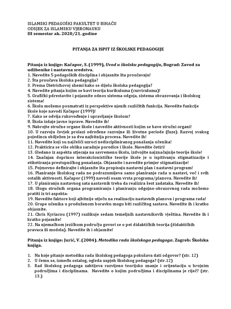 Skolska Pedagogija Ispitna Pitanja | PDF