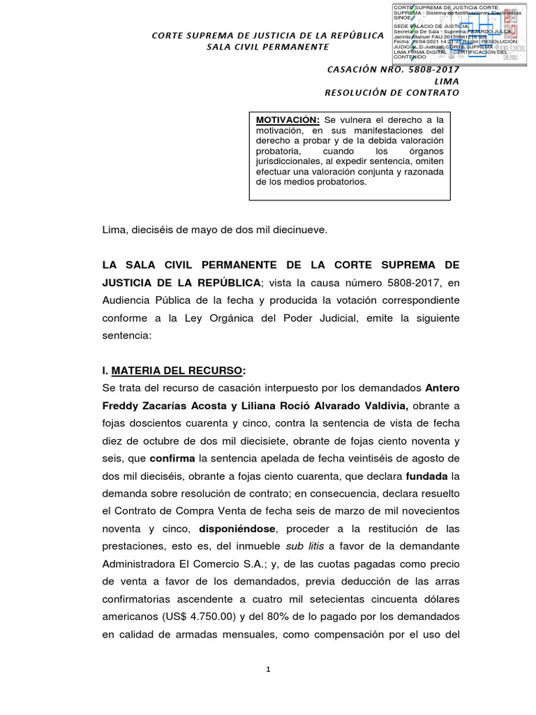 Casación 5808-2017 Resolución de Contrato | PDF | Evidencia (ley ...