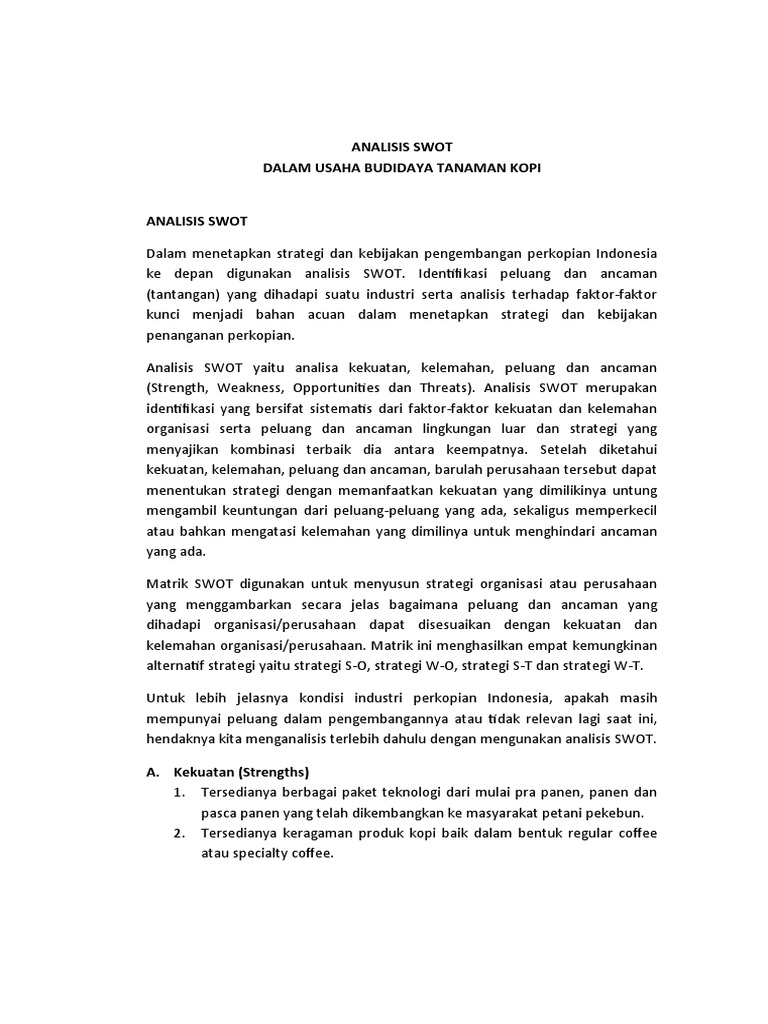 Analisis Swot Dalam Usaha Budidaya Tanaman Kopi | PDF Analisis Swot Dalam Usaha Budidaya Tanaman Kopi | PDF