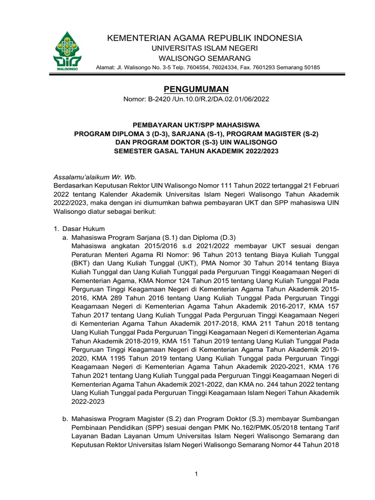 Pengumuman Pembayaran UKT - Gasal 2022 2023 | PDF