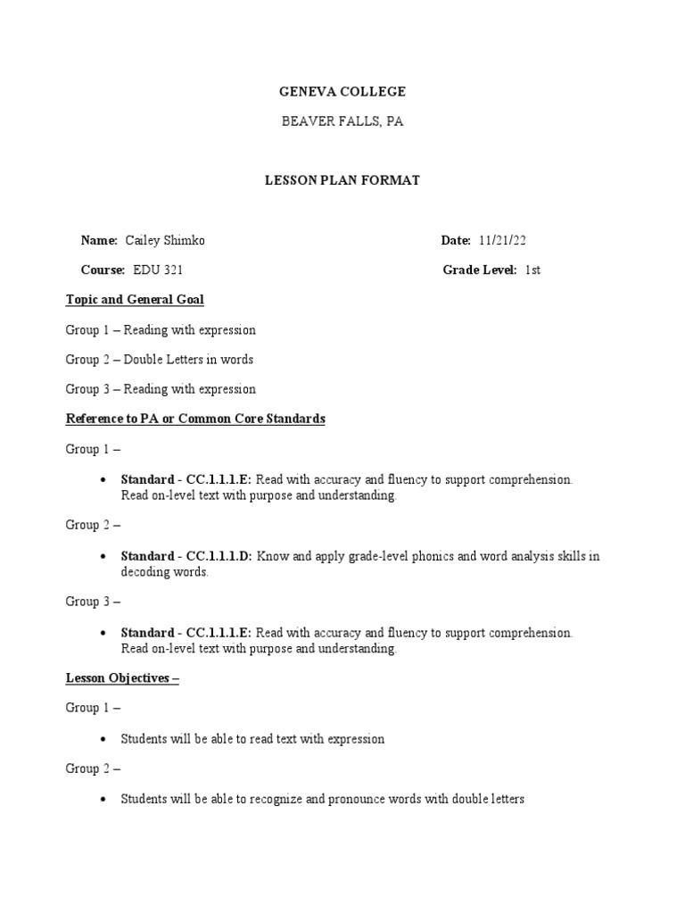 1st Grade Reading Lesson Plan | PDF | Books | Reading Comprehension