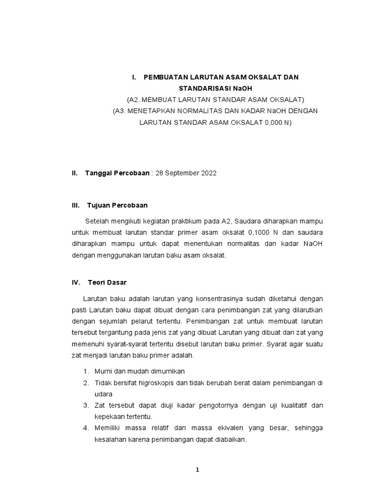 Pembuatan Larutan Asam Oksalat Dan Standarisasi NaOH | PDF