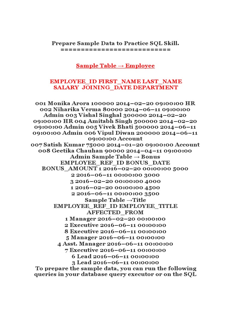 Sample Table Employee Employee - Id First - Name Last - Name Salary Joining - Date Department ...