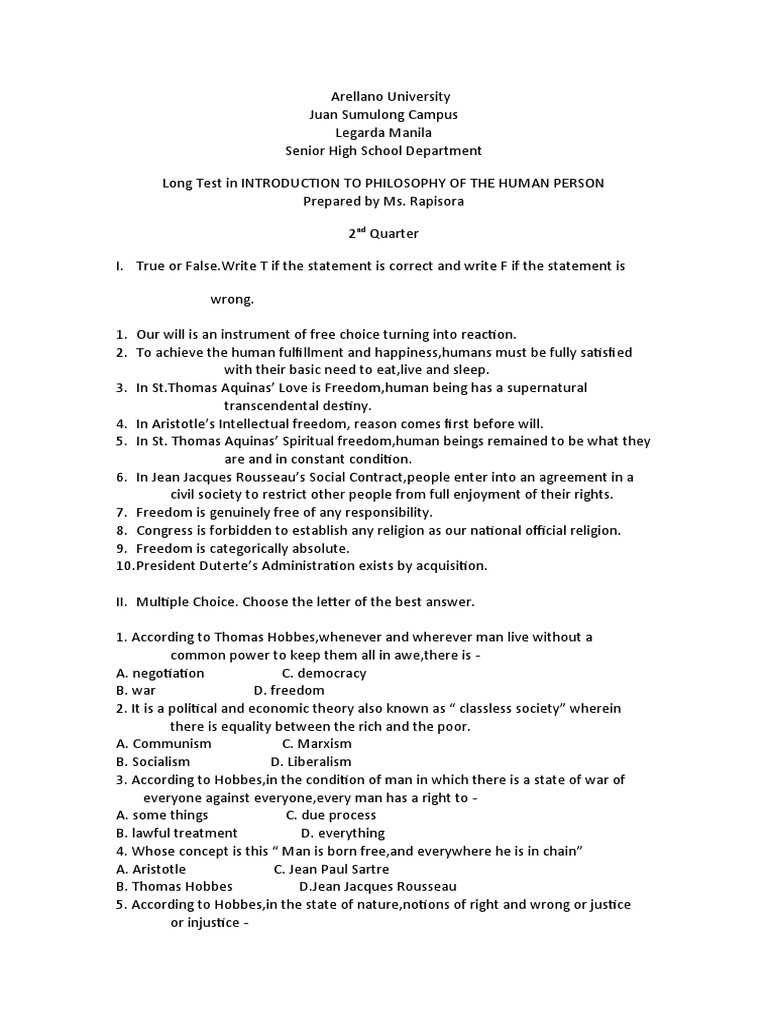 INTRO TO PHILO Long Test 2nd Quarter | PDF | Social Contract | Reason