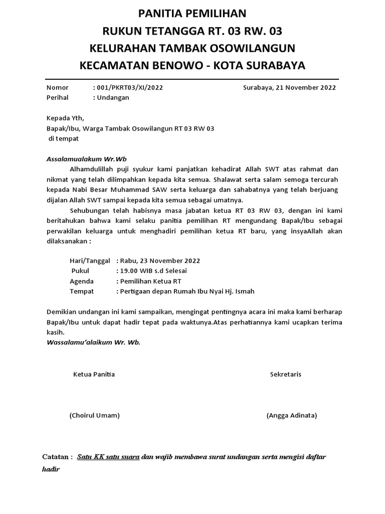 Surat Undangan Pemilihan Ketua RT | PDF
