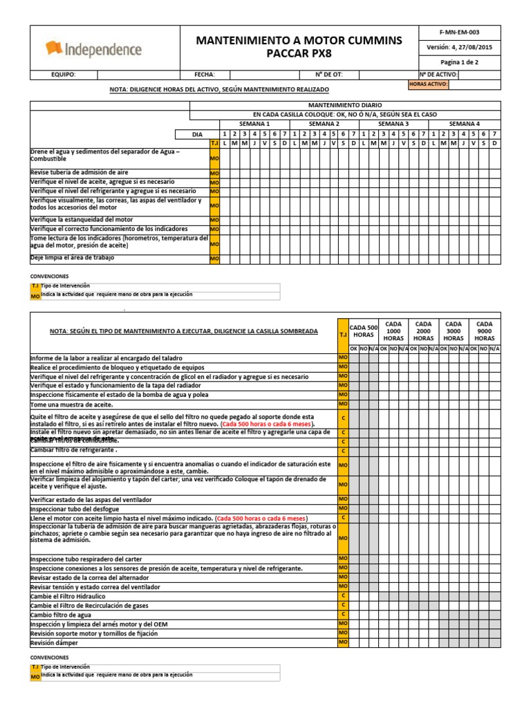 F-Mn-Em-003 Mantenimiento A Motores Cummins Paccar - v40 | PDF | Ingeniería mecánica | Bienes ...
