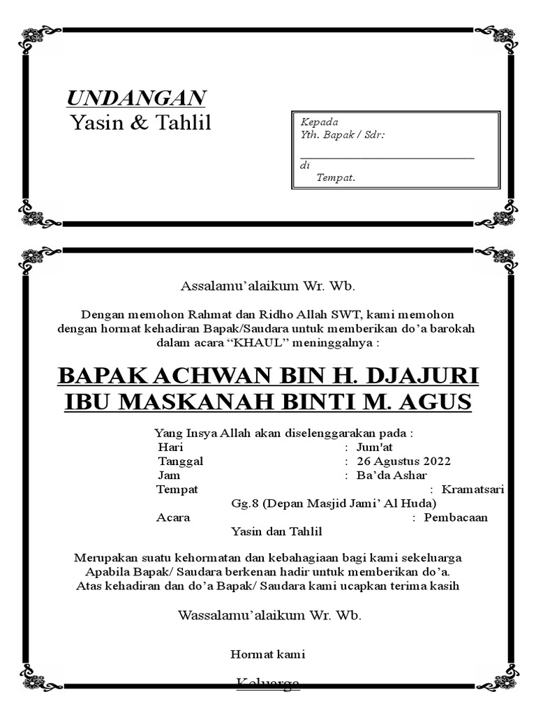 Undangan Yasin dan Tahlil Khaul | PDF