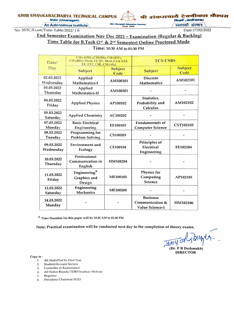 B.tech 1st Sem Time Table Nov Dec 2021 | PDF | Engineering | Science