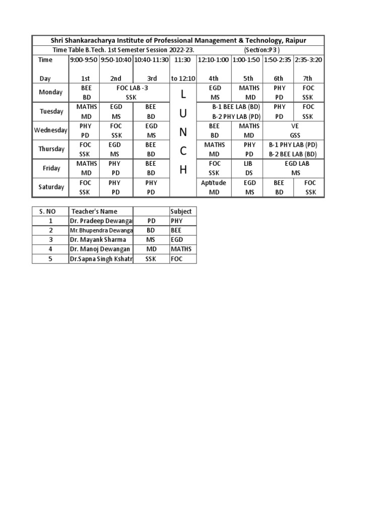 1st Semester Ime Table | PDF