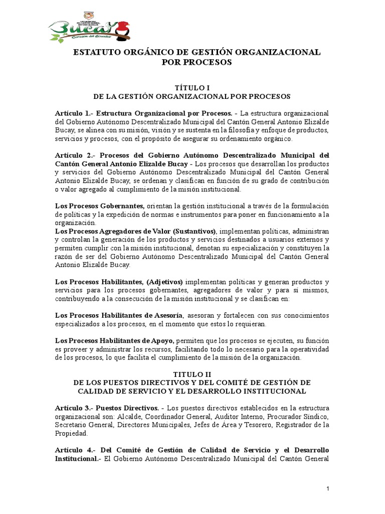 Estatuto Orgánico de Gestion Organizacional Por Procesos Del Gad Bucay | PDF | Alcalde ...
