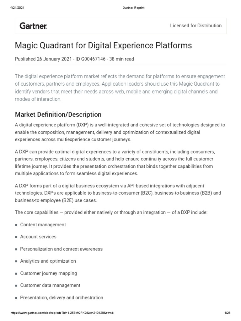 Gartner - Magic Quadrant For Digital Experience Platforms-2021Q2 | PDF | Cloud Computing | Marketing
