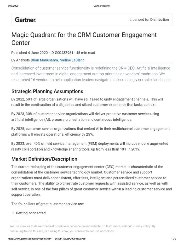 Gartner - Magic Quadrant For The CRM Customer Engagement Center-2020Q2 ...