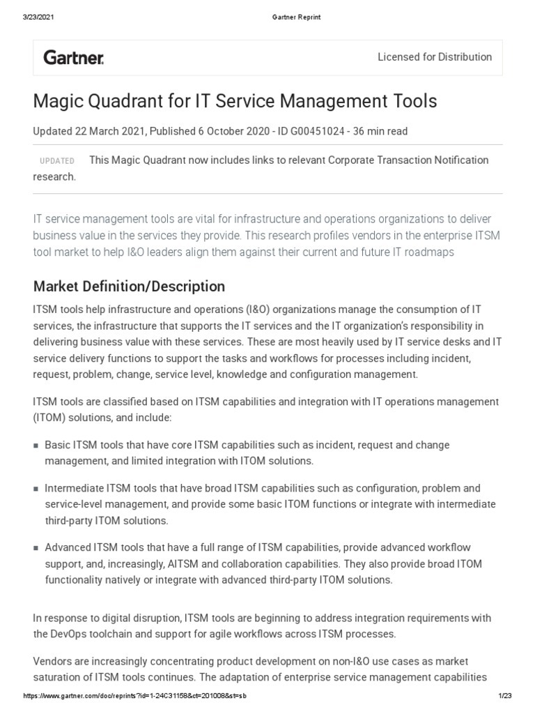 Gartner - Magic Quadrant For IT Service Management Tools-2021Q1 | PDF ...