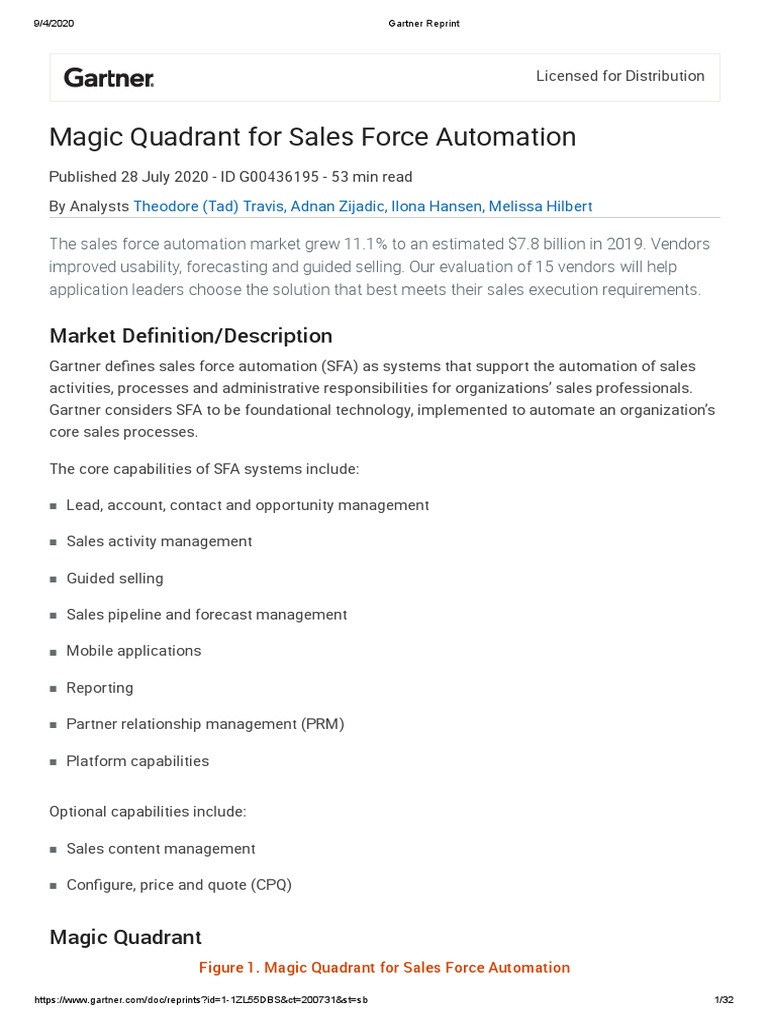 Gartner - Magic Quadrant For Sales Force Automation-2020Q3 | PDF ...