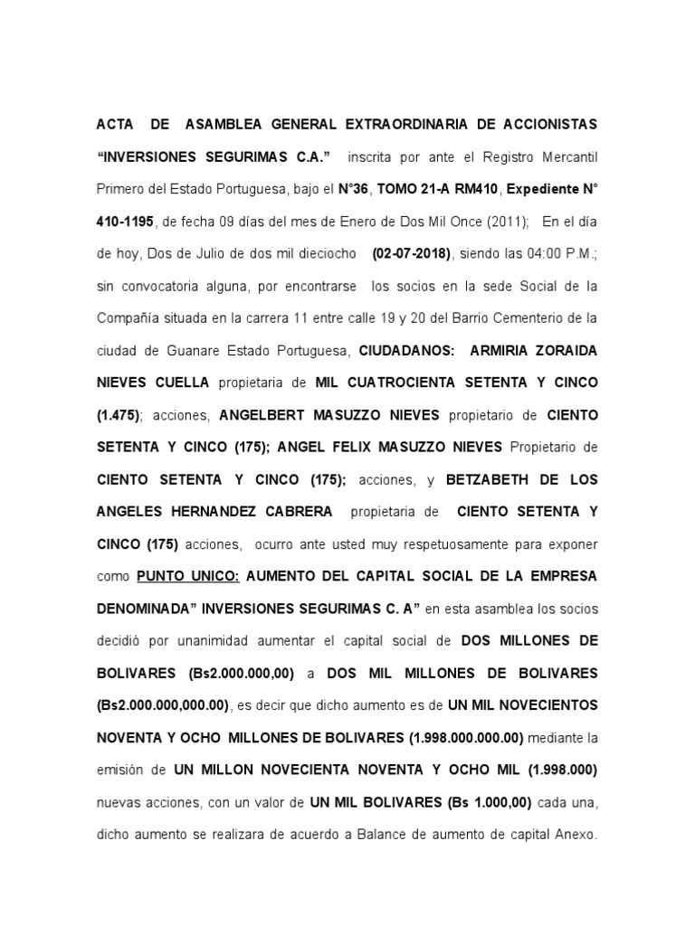 Acta de Asamblea General Extraordinaria de Accionistas | PDF | Compartir (Finanzas)