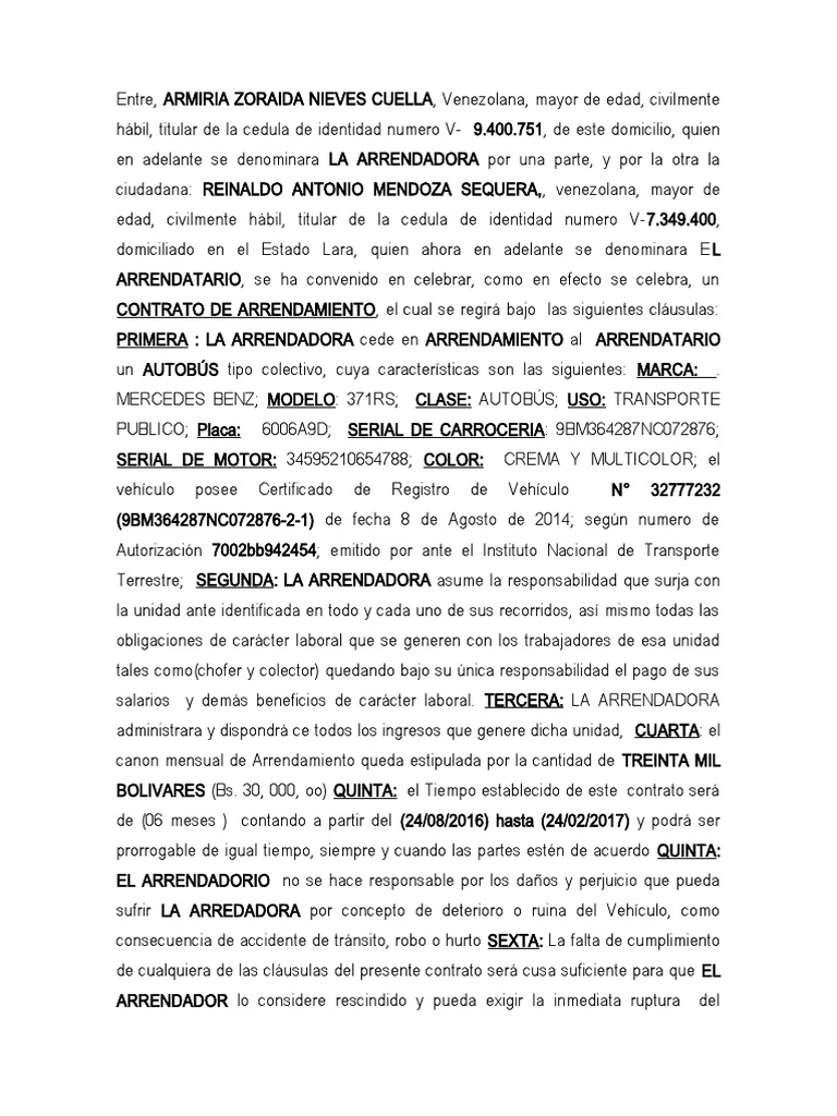 Contrato de arrendamiento de un autobús para transporte público entre ...
