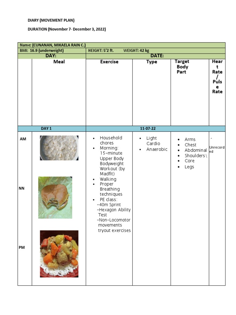 Pathfit 1 - Diary Plan - Cunanan | PDF | Aerobic Exercise | Thorax