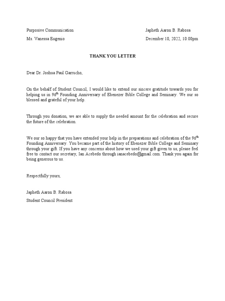 Purposive Communication Thank You Letter Pdf
