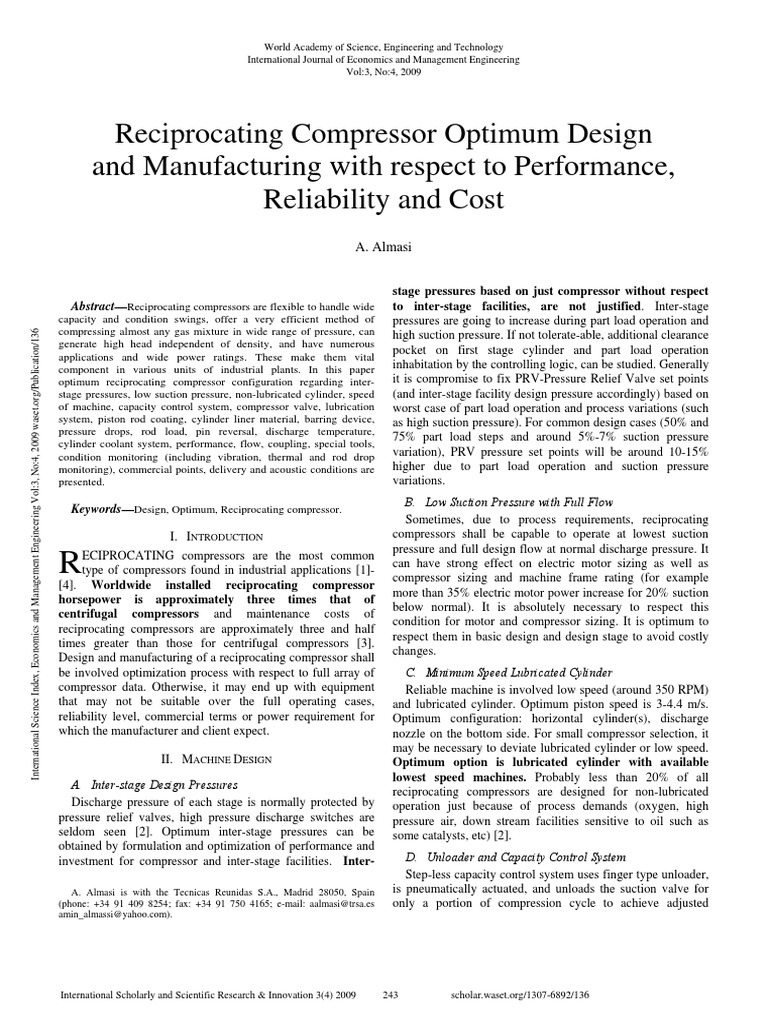 Reciprocating Compressor Optimum Design and Manufacturing With Respect To Performance ...