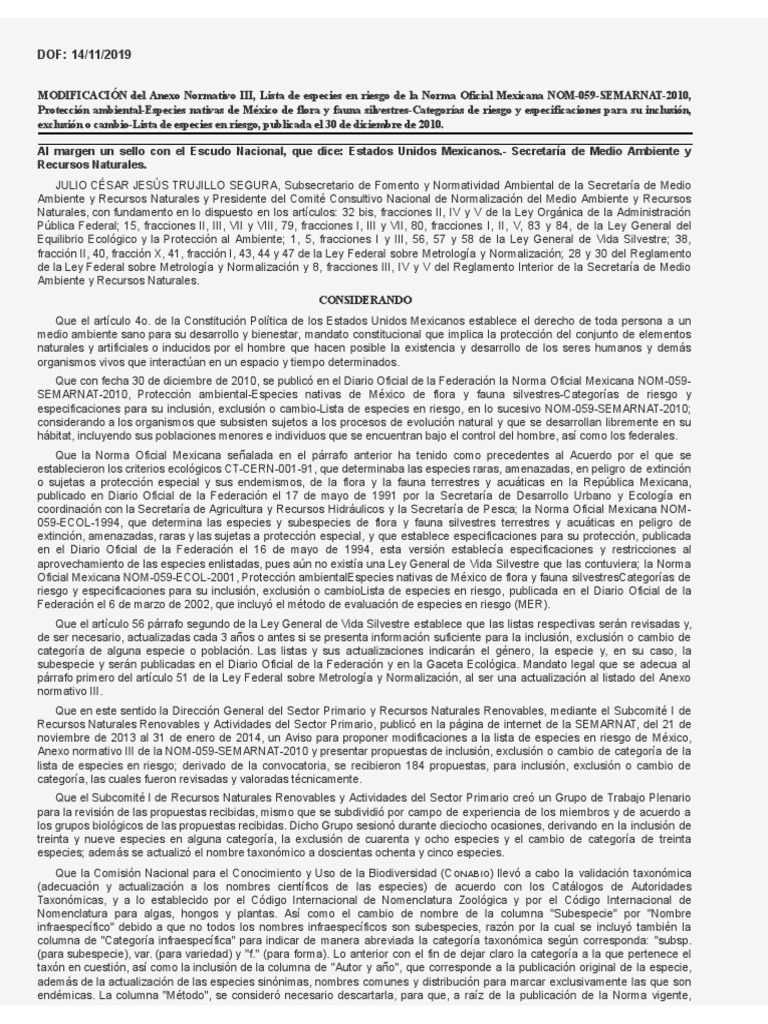 Nom 059 Semarnat 2010 Actualizada | PDF | Taxonomía (biología) | Organismos