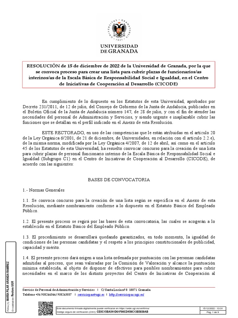 Convocatoria Lista CICODE | PDF | Comisión Europea | Granada
