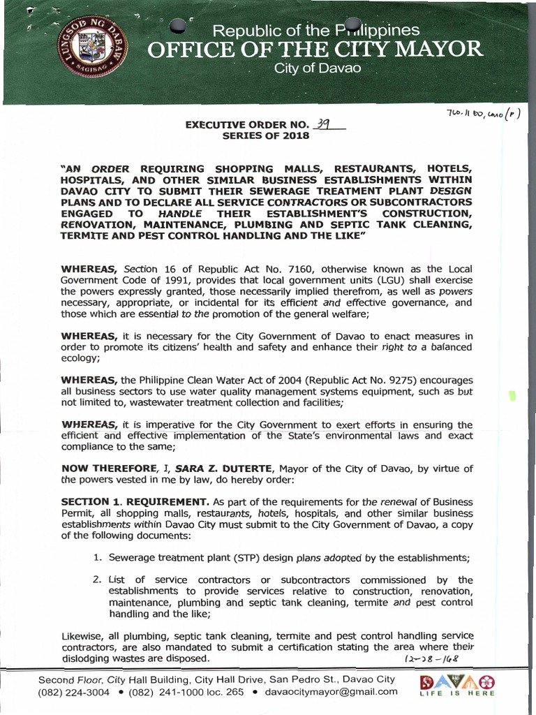 Executive Order No. 39, Series of 2018 | PDF | Septic Tank | Sewage ...