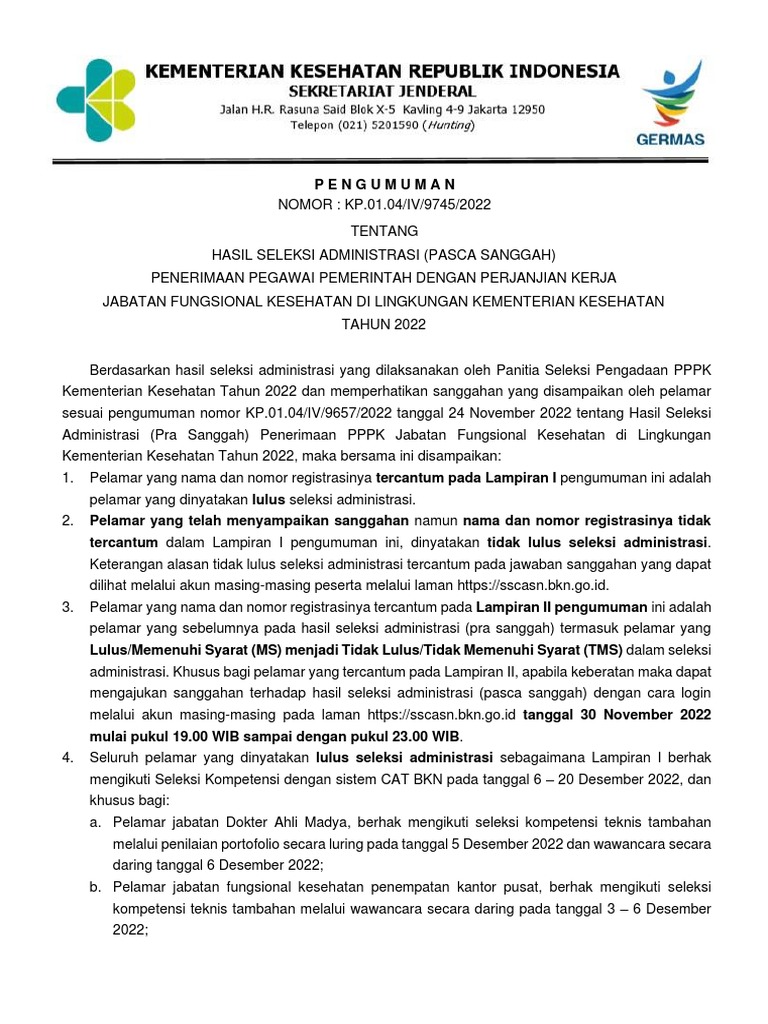 Pengumuman Hasil Seleksi Admin PASCA SANGGAH PPPK 2022 Tyg | PDF