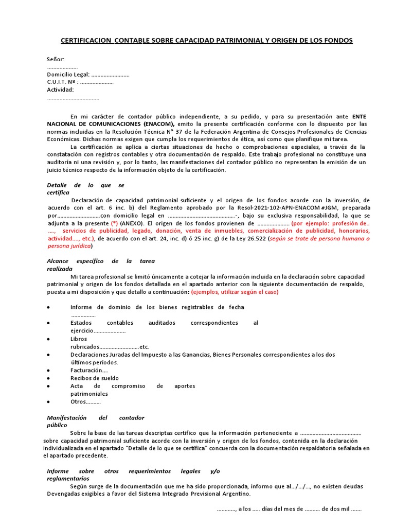 Certificacion Contable Sobre Capacidad Patrimonial y Origen de Fondos ...