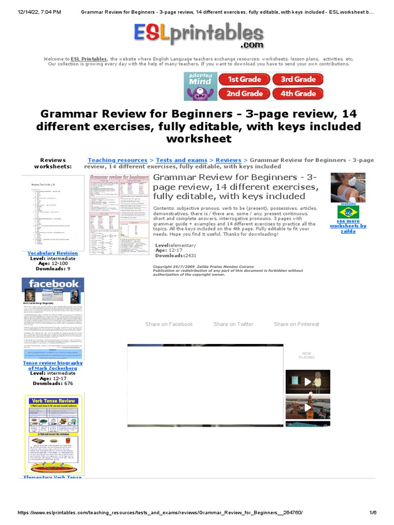 Grammar Review For Beginners - 3-Page Review, 14 Different Exercises ...