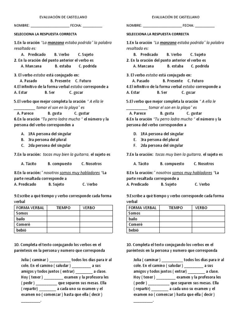Evaluación de Castellano Verbo | PDF | Verbo | Predicado (Gramática)