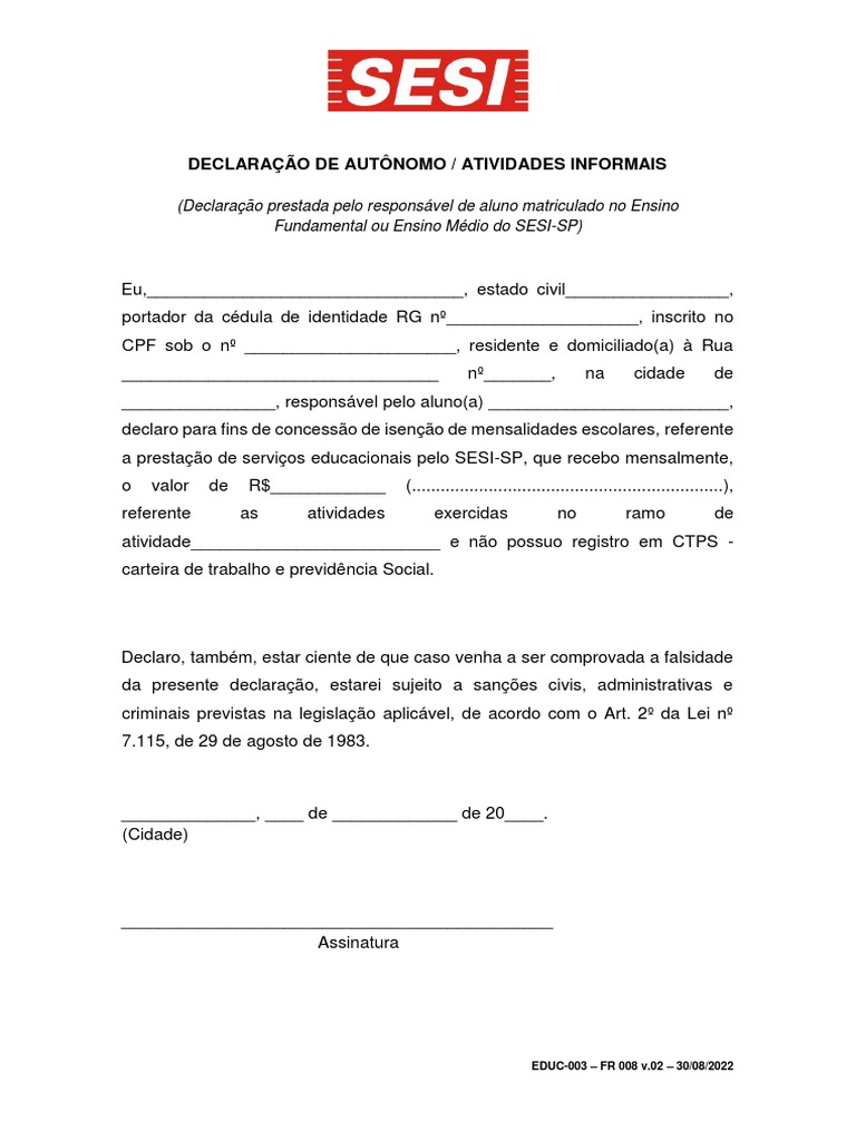 EDUC - 003 - FR 008 - Declaração de Autônomo | PDF