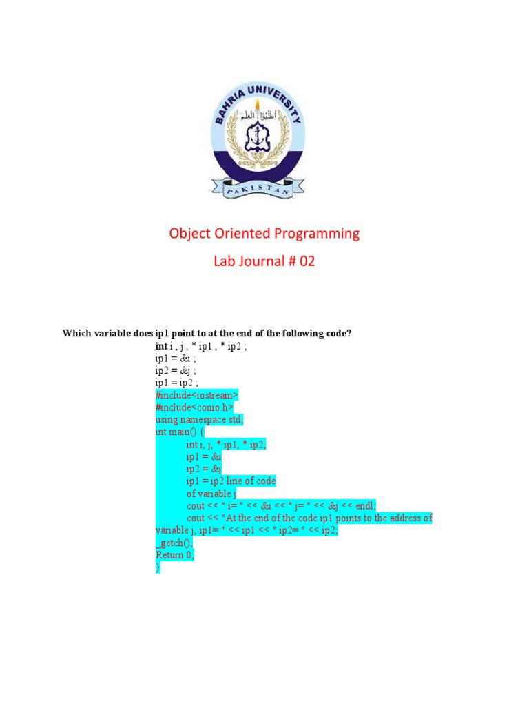 Lab Journal 2 OOP | PDF | Pointer (Computer Programming) | Integer (Computer Science)
