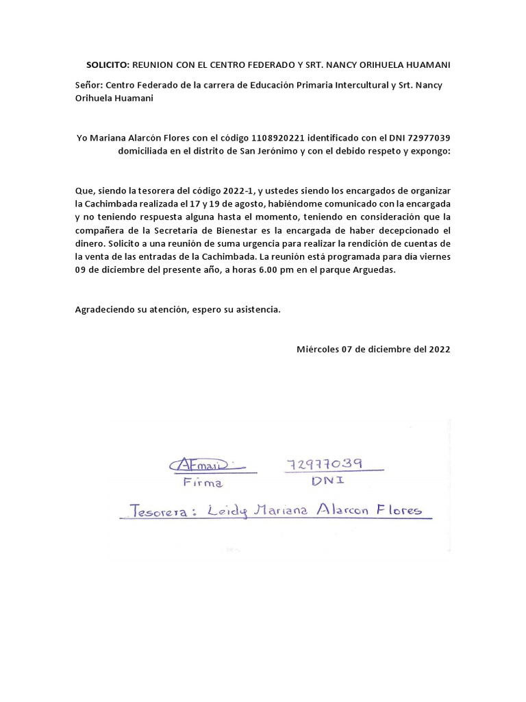 Solicito Reunion Al Centro Federado | PDF | Derecho