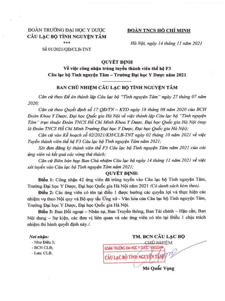 Quyết Định Công Nhận Trúng Tuyển Thành Viên Thế Hệ F3 - CLB TN Tâm ...