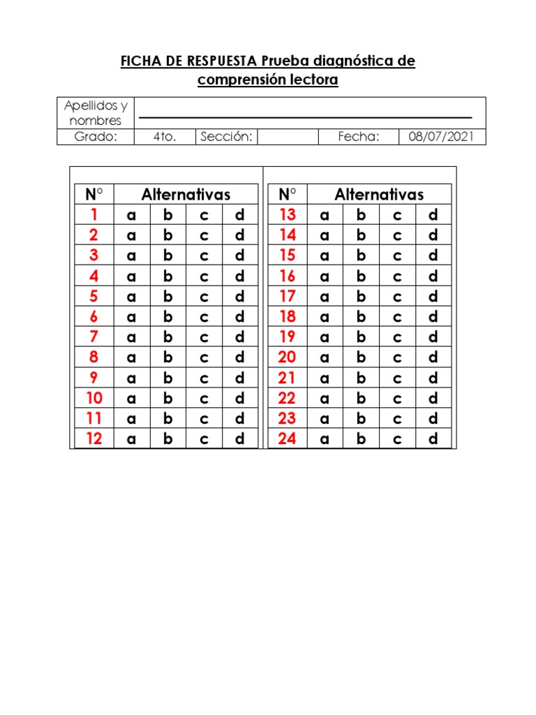 Ficha de Respuesta Lectura 4to. | PDF