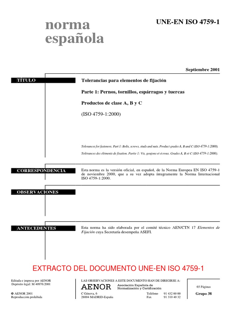 Ex Une En Iso 4759 1 2001 Pdf Tornillo Metalurgia